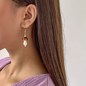 Cute Mushroom Dangle Drop Earrings Creative 3D Simulation Lightweight Mushroom Pearl Earrings Handmade Funny Food Vegetable Mushroom Earrings for Women (Brown)