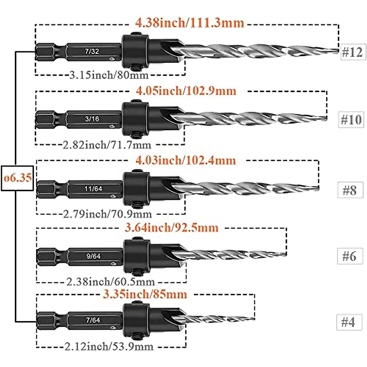 5 Pcs Countersink Drill Bits, Bestgle High Speed Steel Counter Sinker Drill Bits with Chamfering Combination for Woodworking, Imperial Hex Shank HSS Taper Bits 9/64", 3/16", 7/32", 11/64", 7/64"