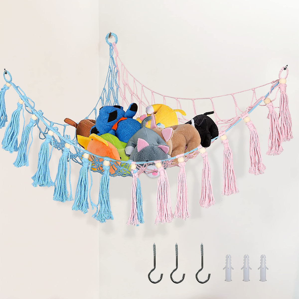 Yvqxvv Stuffed Animal Toy Hammock - Corner Hammock Organizer Display Holder Net Storage Rack Hanging Toys for Boho Kids Girls Bedroom Play Room Decor(Pink＆Blue)