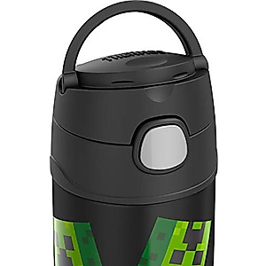 THERMOS FUNTAINER 12 Ounce Stainless Steel Vacuum Insulated Kids Straw Bottle, Dark Minecraft