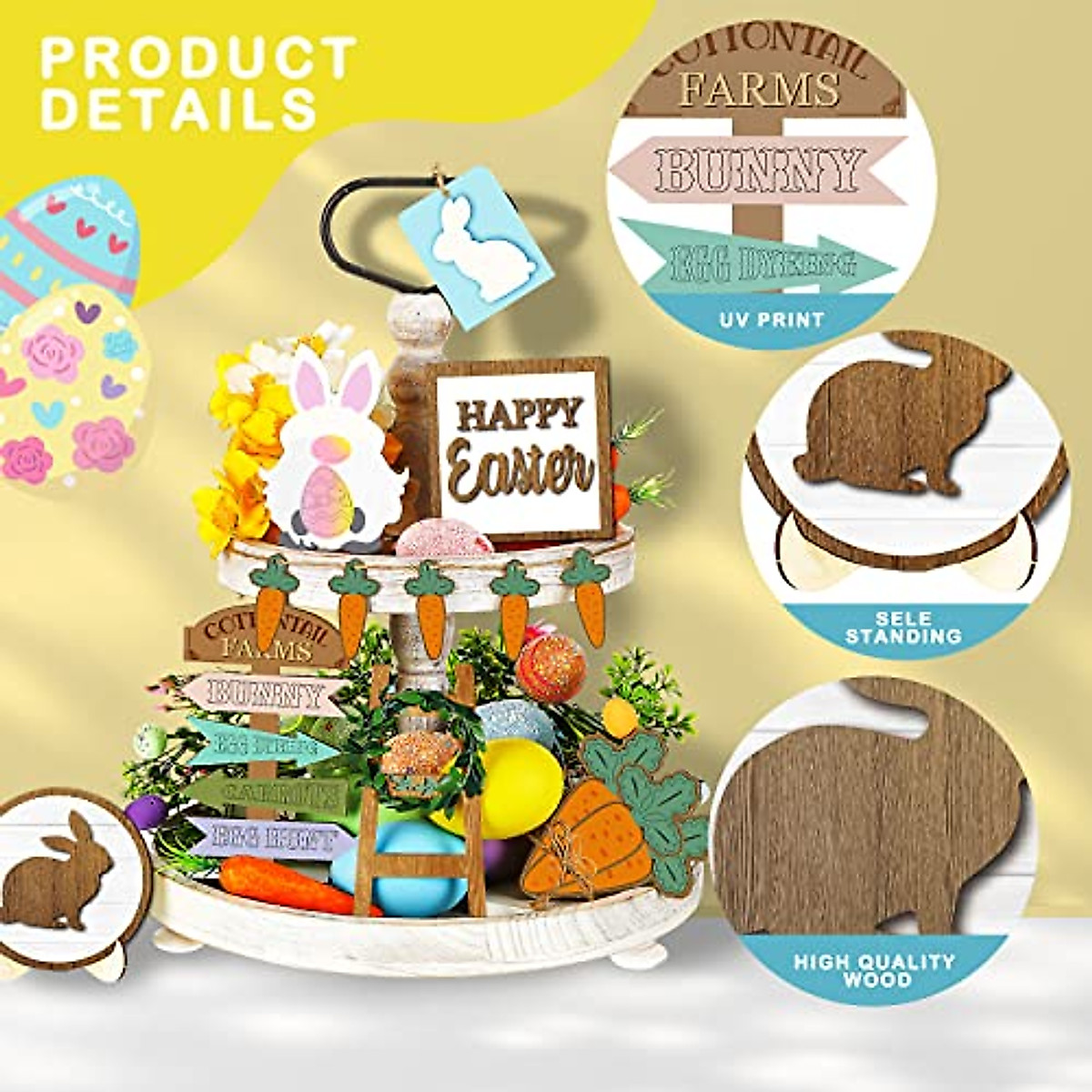 Patelai 12 Pcs Easter Tiered Tray Decor Set Rustic Easter Decorations for Tiered Tray Bunny Farmhouse Tiered Tray Items Easter Egg Rabbits Carrots Wood Sign Happy Easter Decoration for Indoor Home