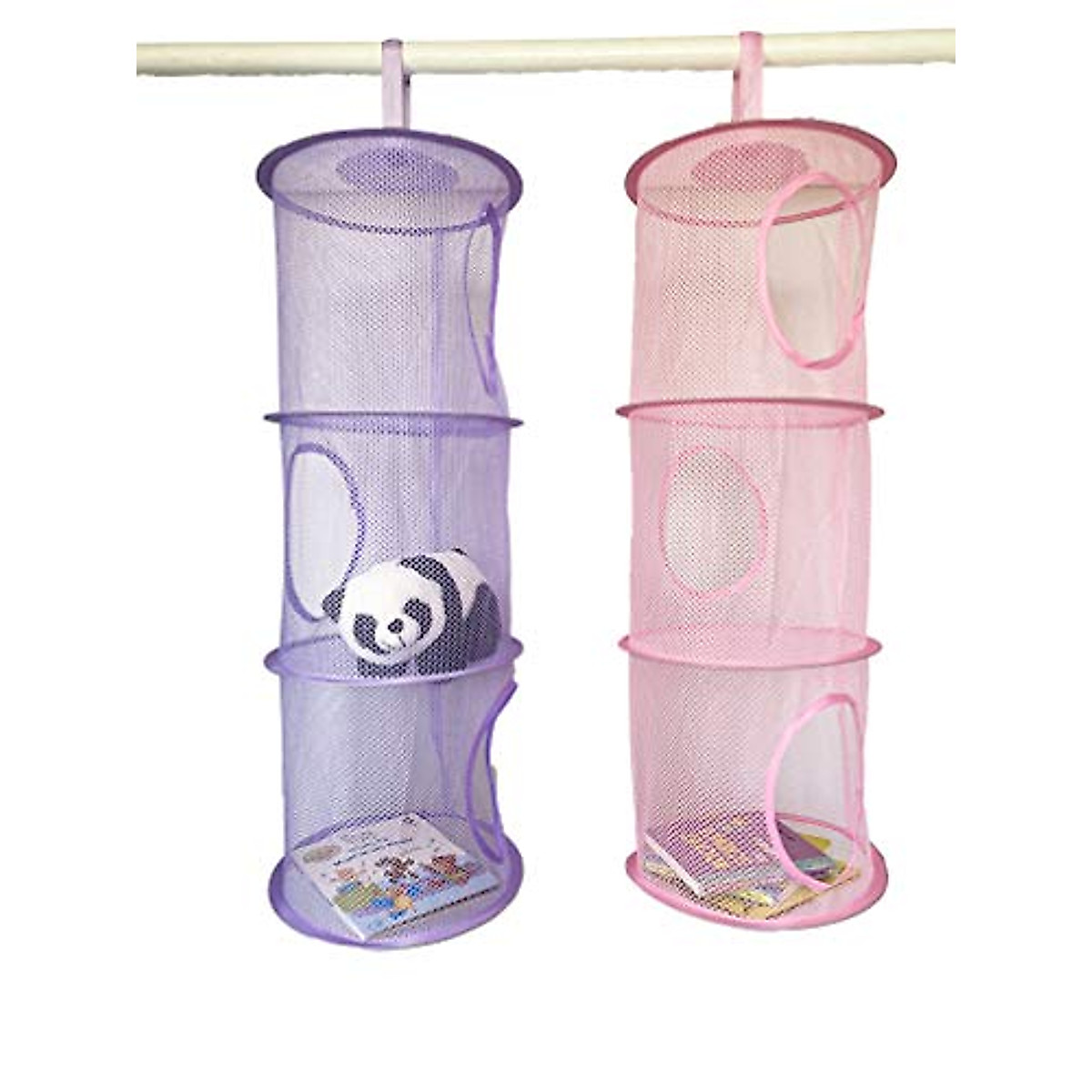 Goldenvalueable Hanging Mesh Space Saver Bags Organizer 3 Compartments Toy Storage Basket for Kids Room organization mesh hanging bag 2 Pcs Set, Pink and Purple