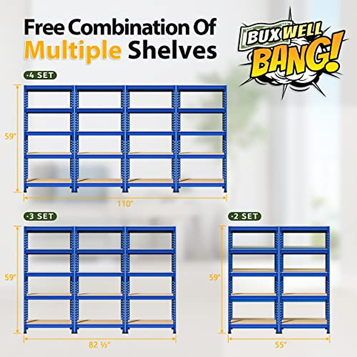 BuxWellBang 5-Shelf Heavy Duty Shelving - Adjustable Garage Storage Shelves, Metal Utility Storage Racks for Warehouse Pantry Basement Kitchen, Garage Organizers Shelf Unit, Blue