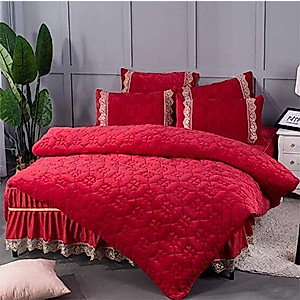 Wrinkle Stain Resistant Four Piece Bed Set Duvet Cover Set Autumn and Winter Duvet Cover Plus Cotton Bedspread to Keep Warm King Size Wine Red Queen Size Sheet Set