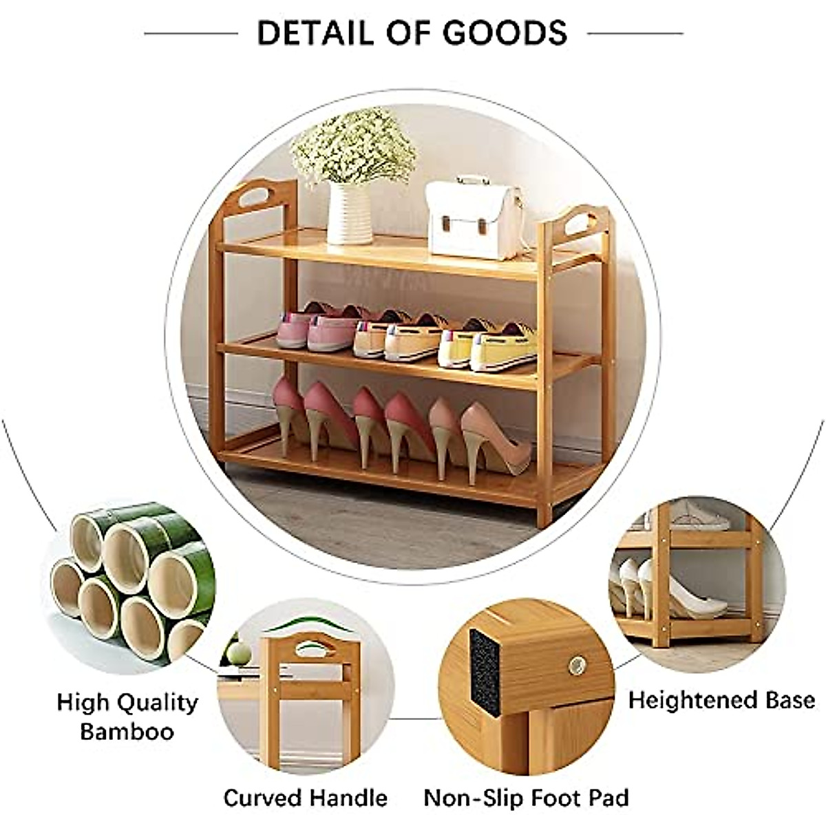 FEACM Bamboo Shoe Rack, 3-Tier Shoes Storage Organizer, Shoe Shelf for Entryway Boots Closet Free Standing Doorway, 70 x 25 x 51cm