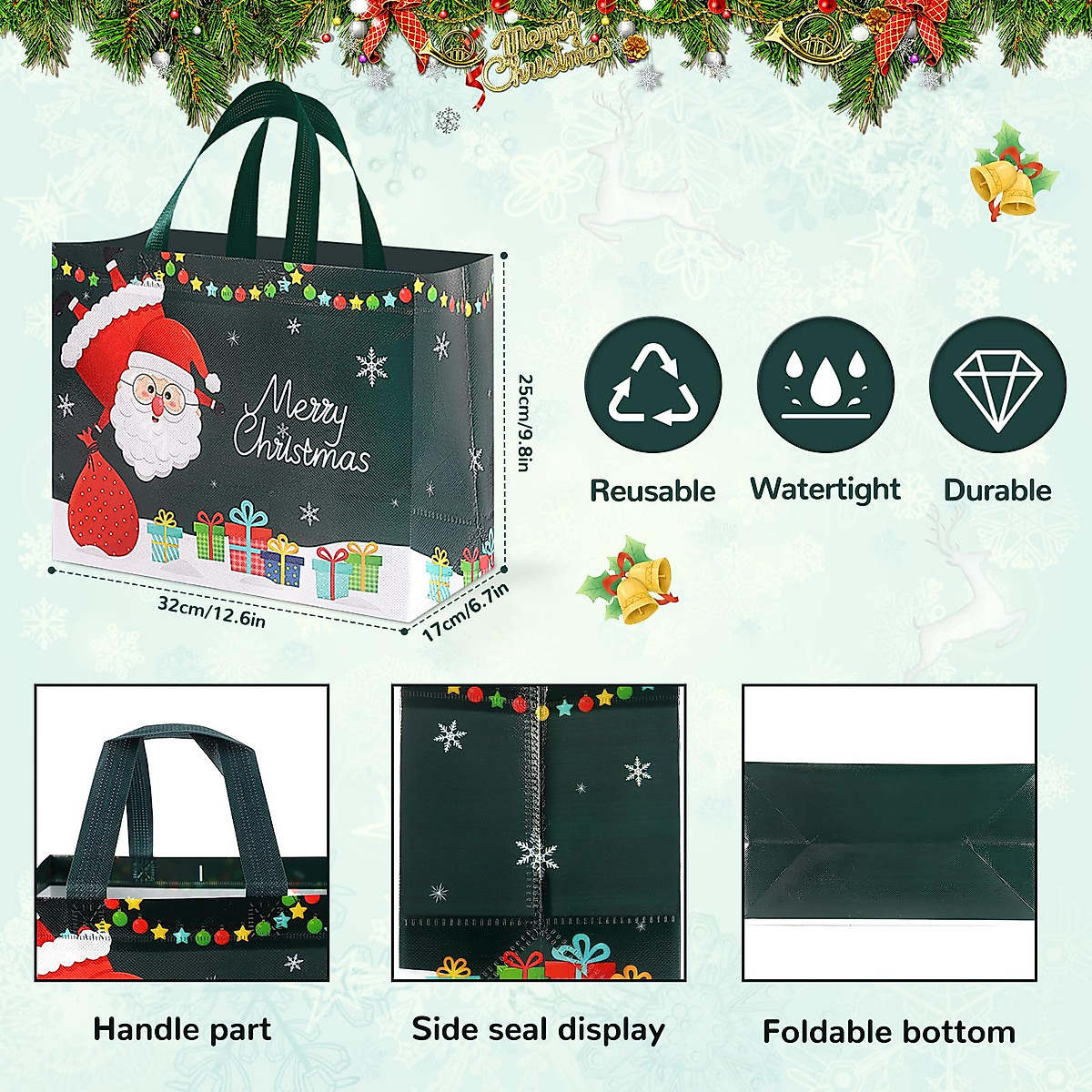 Miucat 16 Pack Large Christmas Gift Bags with Tissue Paper, Reusable Xmas Gift Bags With Handle Christmas Bag Bulk Non-Woven Holiday Gift Bags Christmas Treat Baskets Party Supplies 12.8"×9.8"×6.7"