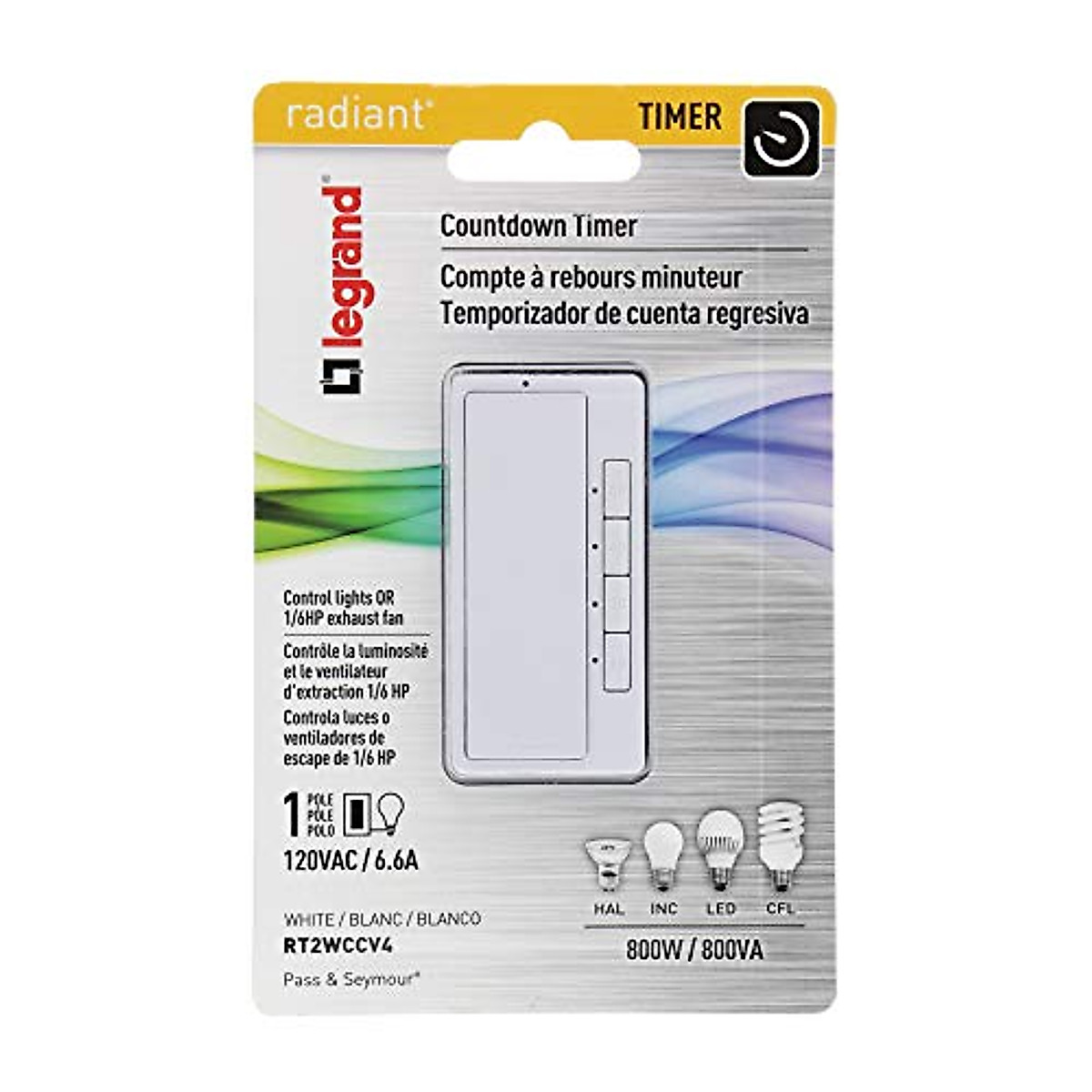 Legrand - Pass & Seymour Radiant 4 Button Light Switch with LED Locator, White Digital Light Switch with Countdown Timer and Rocker Wall Switch, RT2WCCV4, 1 Count