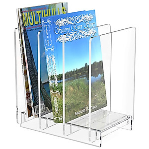 MaxGear Acrylic File Holder Magazine Holder File Organizer for Desk 4 Sections, Standing File Rack for Magazine, Binder, Mail, Book and CD Records File Sorter File Stand for Home Office, School, Clear