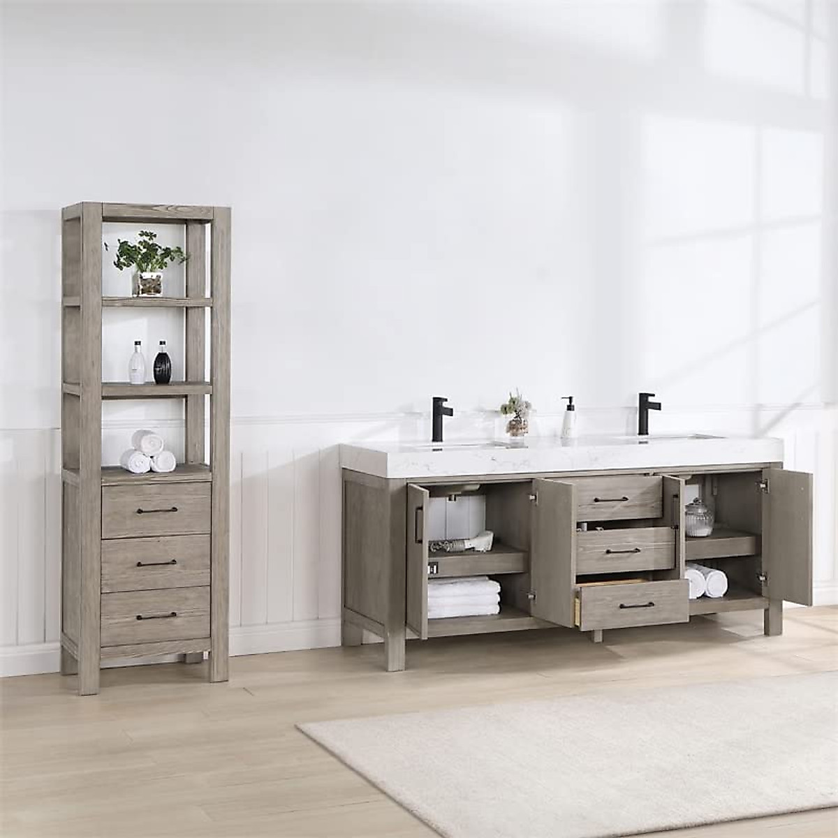 VINNOVA Leon 72" Double Bath Vanity in Fir Wood Grey with Lightning White Composite top