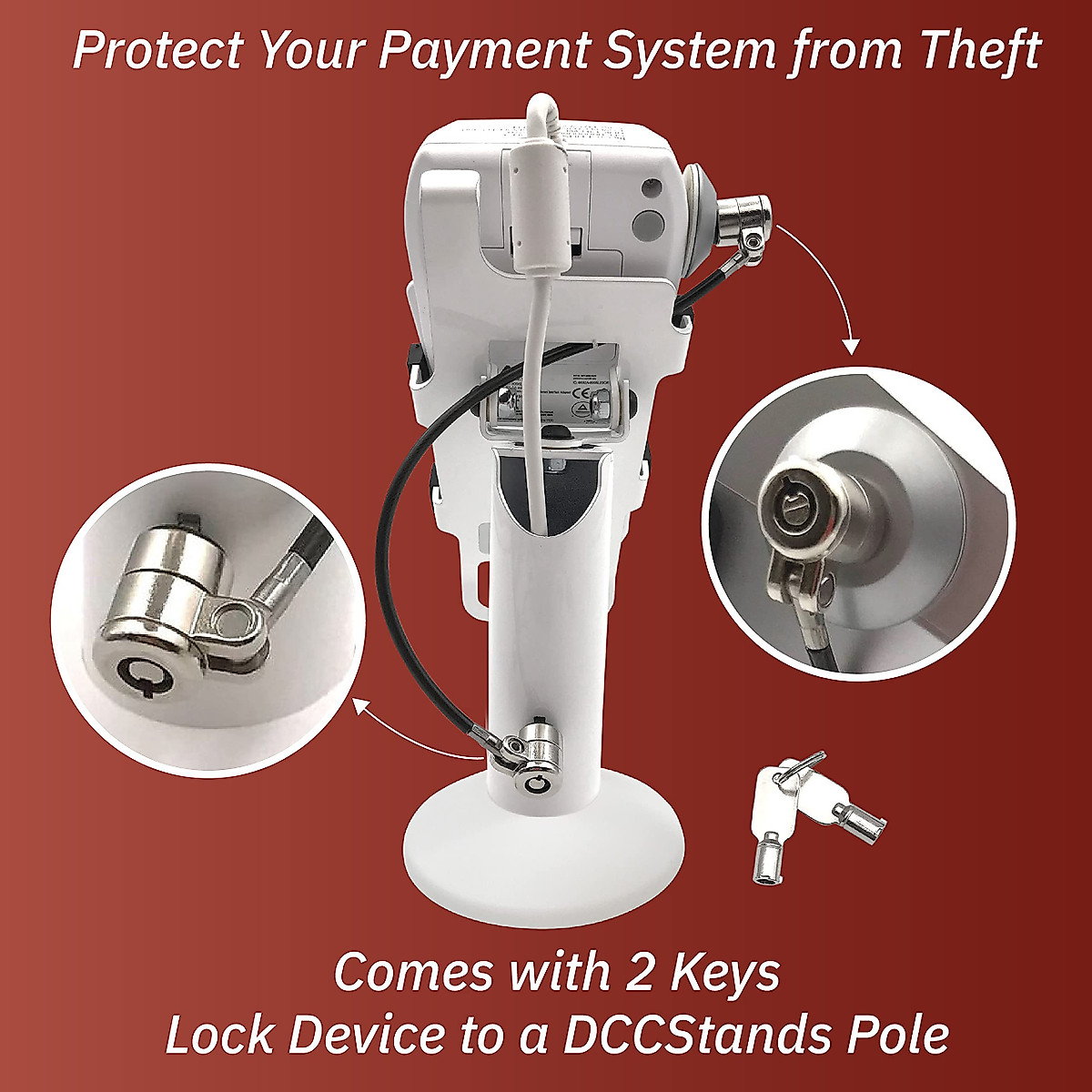 DCCStands First Data FD35/ FD40 7" Swivel and Tilt White Stand with Anti-Theft POS Device Terminal to Stand Security Tether Lock