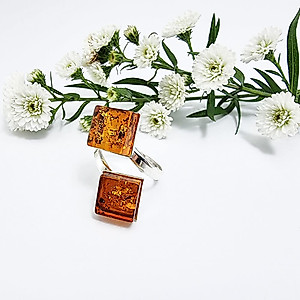 AMBER ALEX Cognac Amber Square Shape Adjustable Ring Sterling Silver, Genuine Baltic Amber.