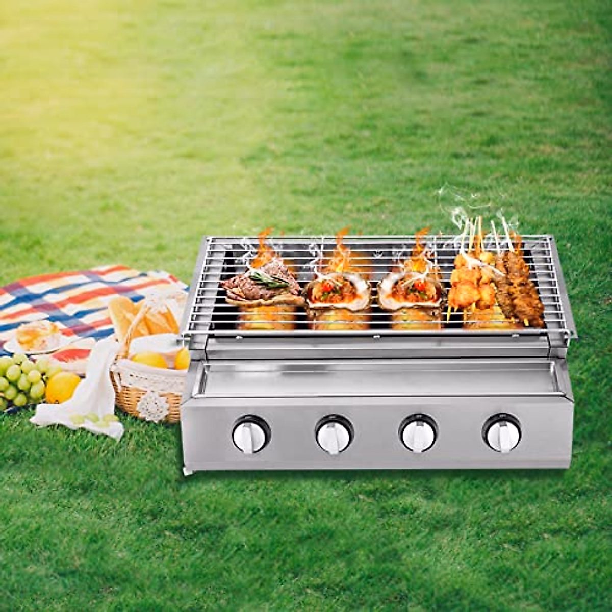 Fetcoi 4-Burner Outdoor Tabletop Propane Gas Grill, Stainless Steel Portable BBQ Grills Smokeless Griddle Barbecue Grill Table for Camping Picnics Garden Beach Party