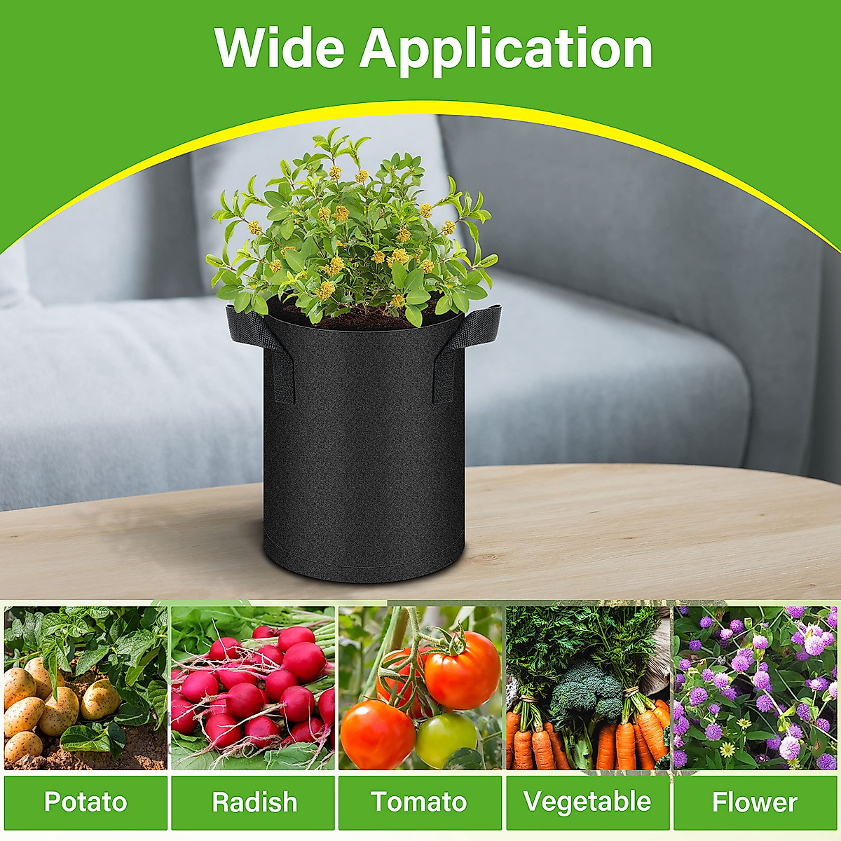 HealSmart 6-Pack 1 Gallon Nonwoven Grow Bags, Aeration Fabric Pots with Handles, Suitable for Garden Fruits, Vegetables and Flowers, Black