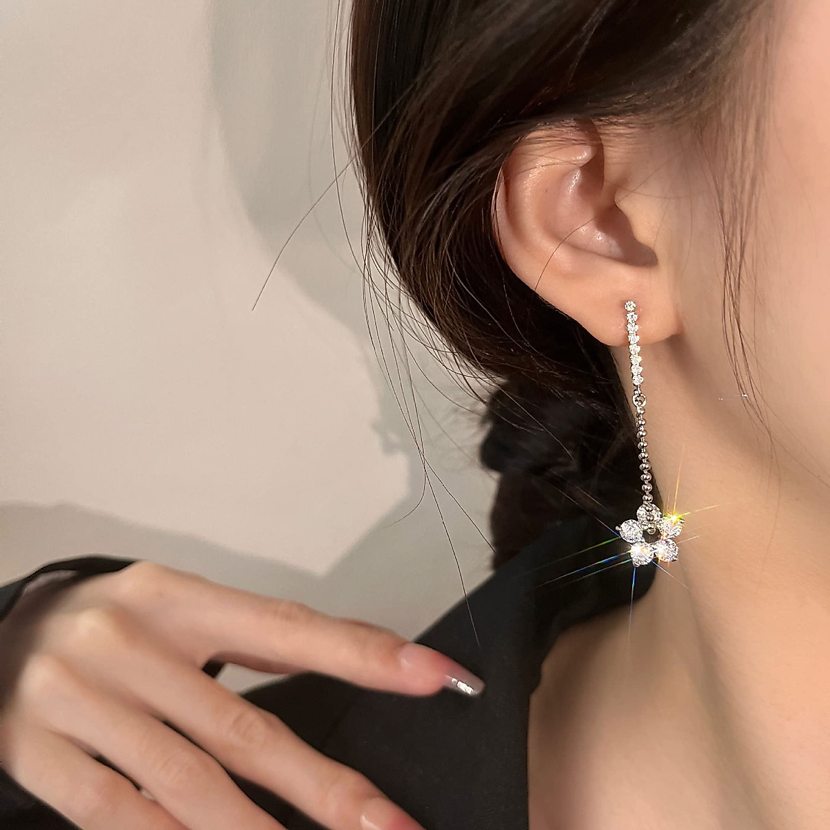 SLUYNZ 925 Sterling Silver CZ Flower Dangle Earrings Chain for Women Crystal Flower Drop Earrings Tassel Chain (A-Silver)