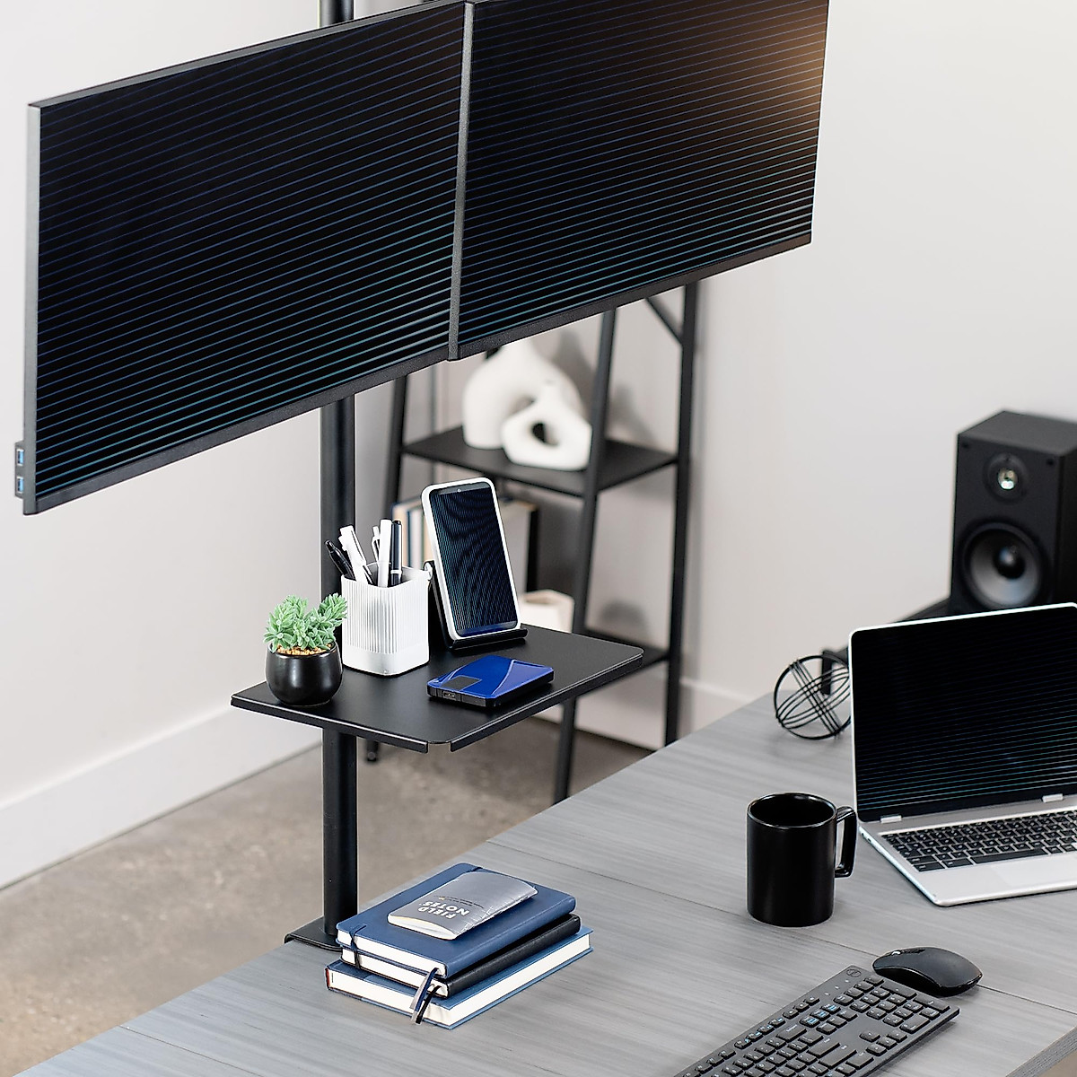 VIVO Universal Steel 14 x 10 inch Shelf Pole Mount for TV Cart, Speaker Stand, and More/Clamp-on Utility Storage Platform, Black, MOUNT-SF13P