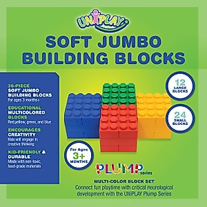 UNiPLAY Plump Soft Building Blocks - 36-Piece Jumbo Stacking Multicolor Set for Early Cognitive Development and Creative Play - Ages 3 Months+