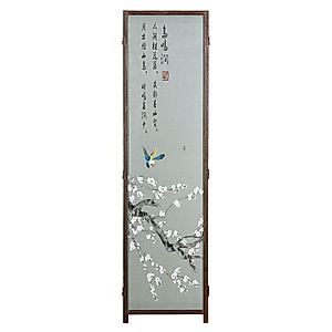 MyGift 4-Panel Asian-Inspired Folding Room Divider with Cherry Blossom Tree & Bird Design Poetry Calligraphy and Brown Wooden Frame