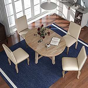 Merax Dining Table Set, 5-Piece Farmhouse Dining Table and Chairs Set, Wood Round Extendable Dining Table and 4 Upholstered Dining Chairs, for Dining Room, Natural Wood Wash