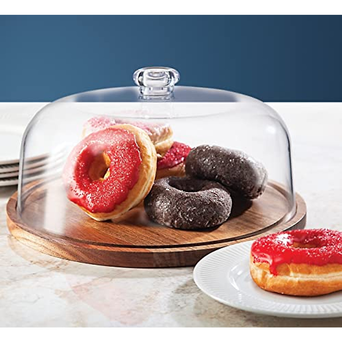 Godinger Cake Stand, Cake Plate Server Platter with Dome, Acacia Wood and Shaterproof Acrylic Lid