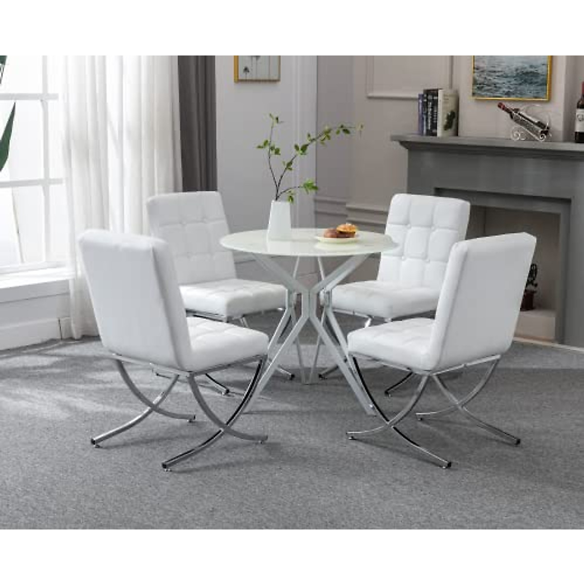 CIMOTA Modern White Dining Chairs Set of 6 Upholstered Tufted Leather Dining Room Chairs Kitchen Chairs Comfy Armless Side Chairs with Chrome Metal X Legs for Dining Room/Living Room, PU White/6PCS