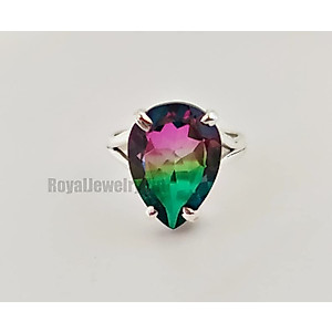 Multi Color Tourmaline Quartz Ring, Pear Shape Gemstone Ring, Handmade Ring, Women Ring, Gift For Her, All US Ring Size (Yellow Gold Plated Silver, 9)