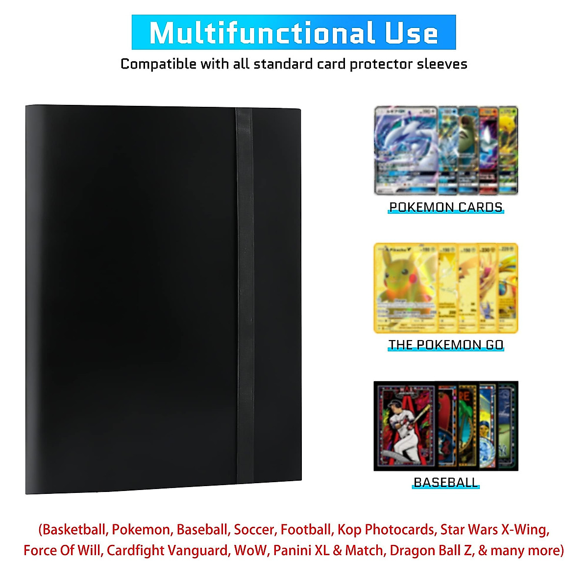 RHOTALL Card Binder for Trading Card Collection Binder, 9 Pockets Black Card Album Holder, High Qulity Card Folder for Football, Baseball, Game, Photocard - Side Loding Card Binder