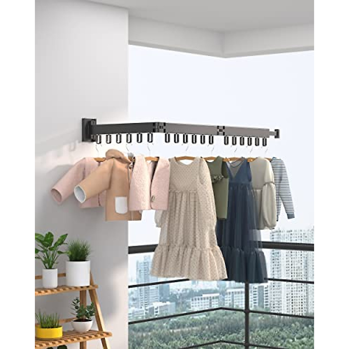 Wall Mounted Clothes Drying Rack, Laundry Drying Rack Foldable, Retractable Drying Rack Clothing, Laundry Hanger Dryer Rack, Collapsible Hanging Rack, Clothing Rack, Space-Saving Clothes Rack, Black