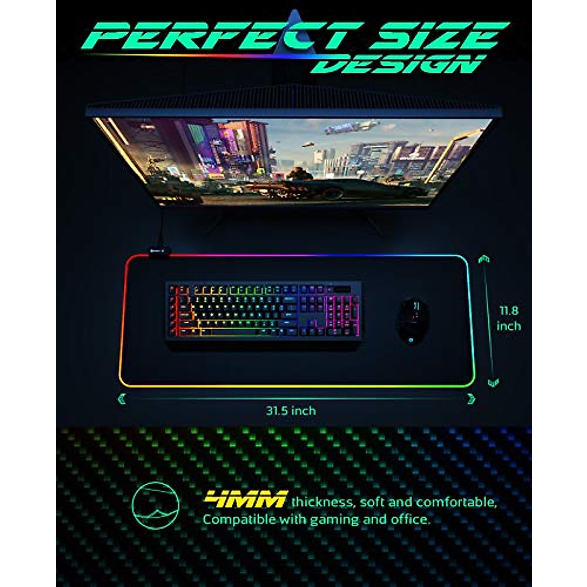 RGB Gaming UtechSmart Large Extended Soft Led Mouse Pad with 14 Lighting Modes 2 Brightness Levels, Computer Keyboard Mousepads Mat 800 x 300mm / 31.5×11.8 inches
