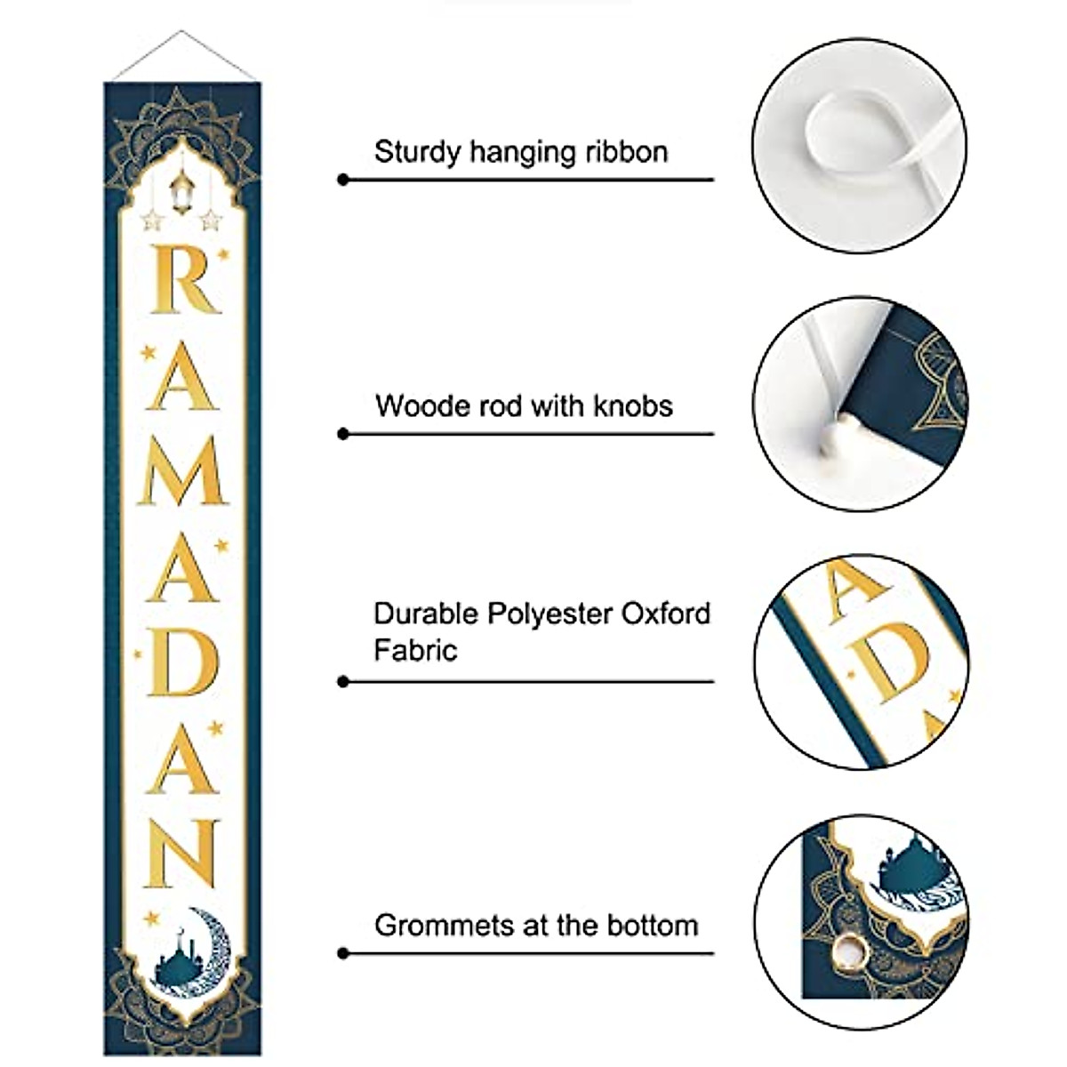 BTZO Ramadan Kareem Porch Banner,Eid Mubarak Door Banner Decoration Hanging Cover Sign for for Home Ramadan Eid Al-fitr Party Supplies