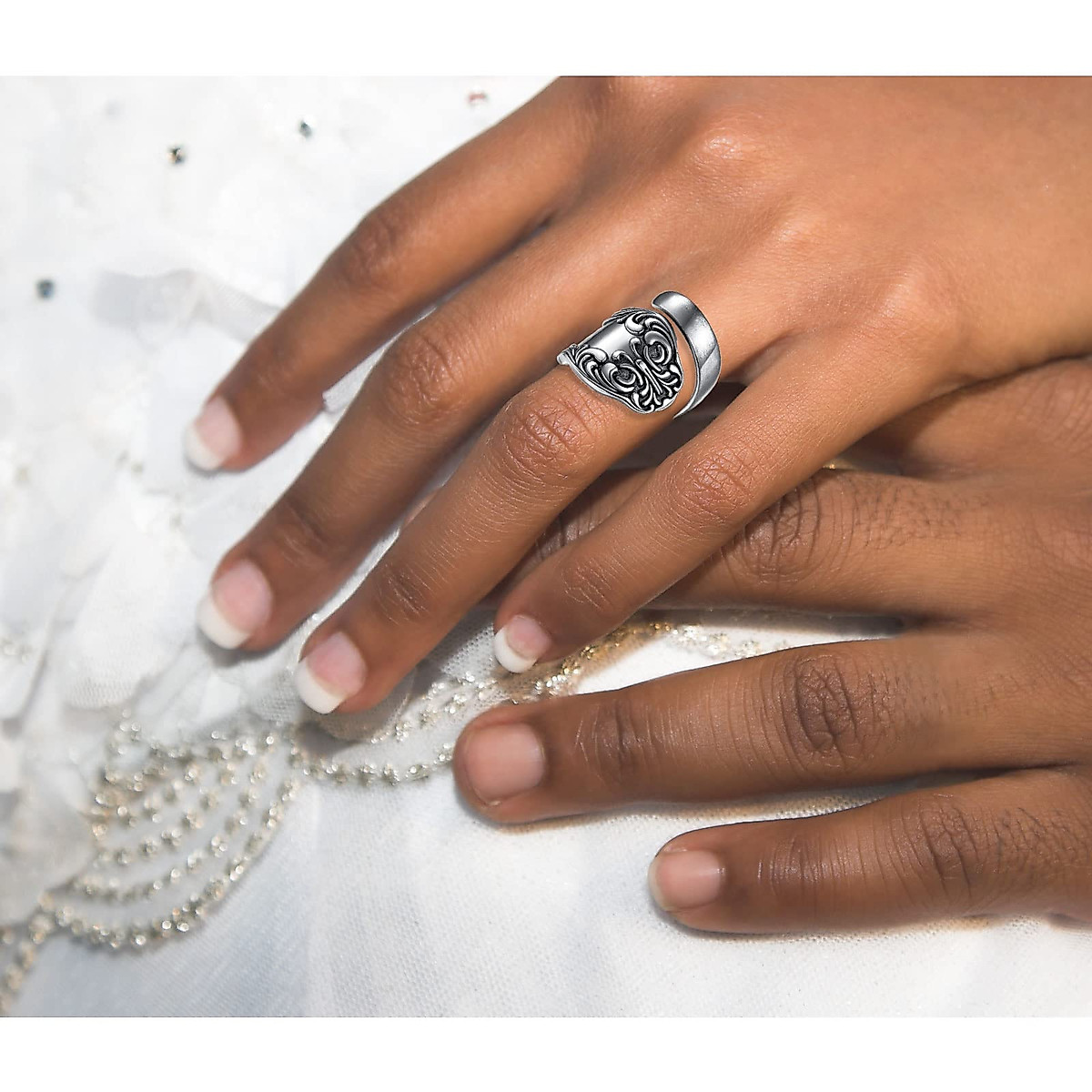 YWDREAM Vintage Silver Spoon Ring, Victorian Boho Flower Spoon Rings for Women, Adjustable Wrap Around Open Ring Statement Jewelry (Butterfly)