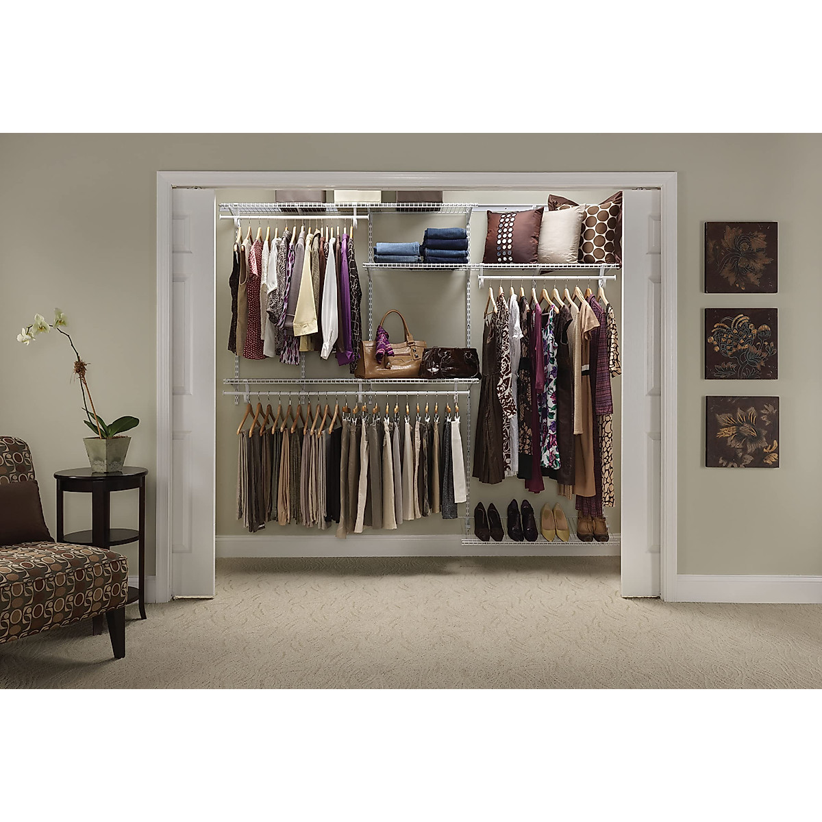 ClosetMaid ShelfTrack Wire Closet Organizer System, Adjustable from 5 to 8 Ft., With Shelves, Clothes Rods, Shoe Shelf, Hardware, Durable Steel, White