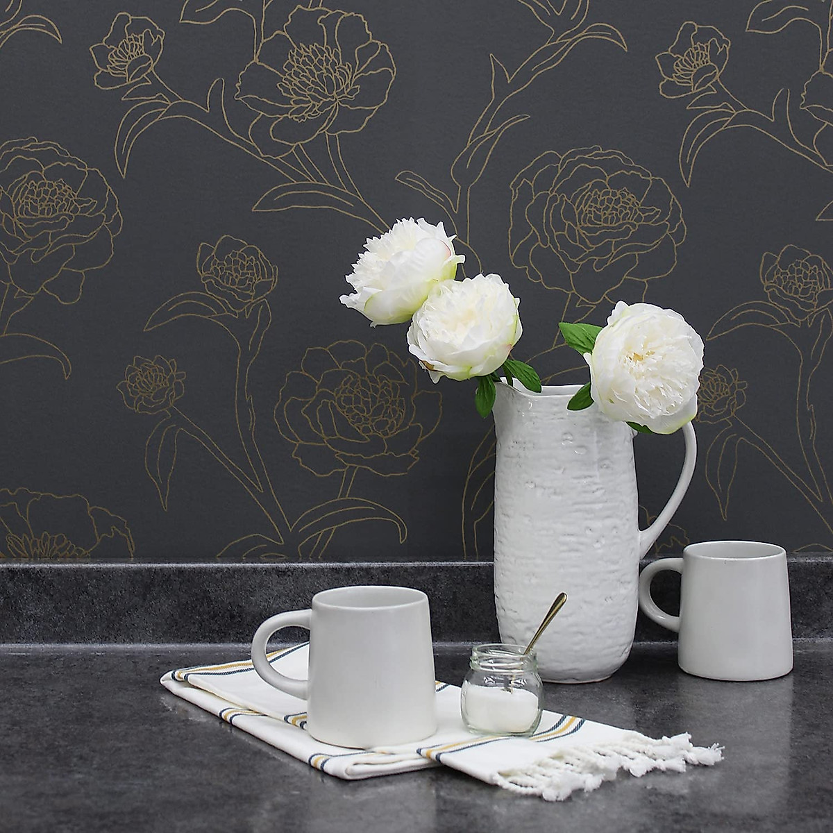 Tempaper Noir Peonies Removable Peel and Stick Floral Wallpaper, 20.5 in X 16.5 ft, Made in The USA