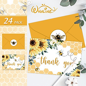 Whaline 24Pcs Sunflower Bee Thank You Cards Bulk Watercolor Summer Flower Greeting Cards with Envelope Stickers Blank Note Cards for Wedding Baby Shower Bridal Birthday Party, 4 x 6 Inch