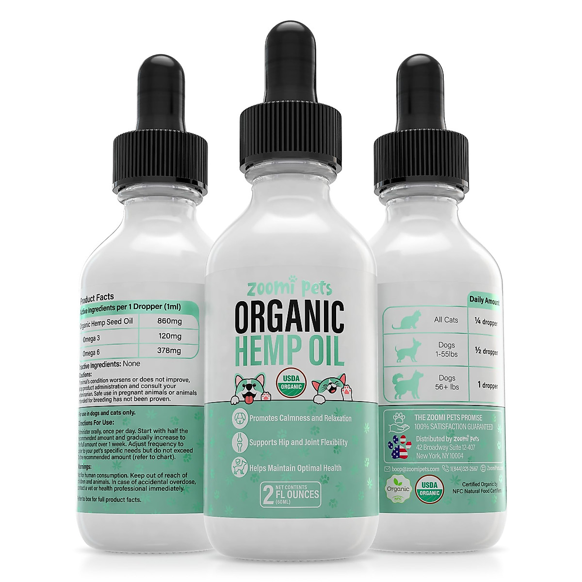 Zoomi Pets Calming Organic Hemp Oil for Dogs and Cats - Hemp Oil Drops with Omega Fatty Acids - Hip and Joint Support, Skin and Coat Health and Allergy Relief - Helps with Anxiety, Stress and Pain