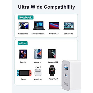 70W USB C Charger, GaN Charger PD USB C Fast Charger 2 Ports Power Adapter Foldable (Works with 65W) Compatible with MacBook Pro, Dell, Huawei, Xiaomi, iPhone 13/14, iPad Pro, Galaxy S22