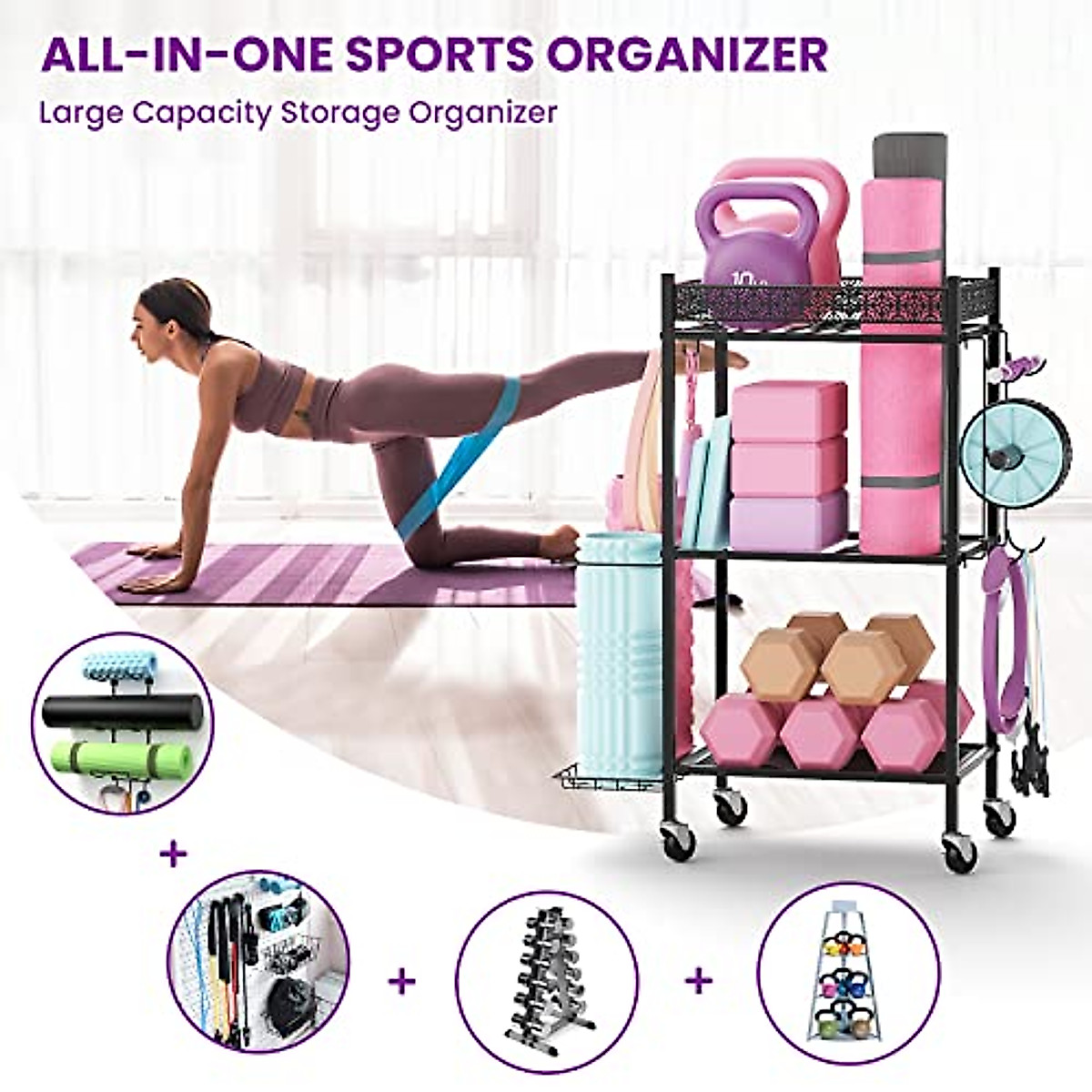 VOPEAK Yoga Mat Storage Rack, Home Gym Storage Rack Yoga Mat Holder, Workout Storage for Yoga Mat, Foam Roller, Gym Organizer Gym Equipment Storage for Home Exercise and Fitness Gear (Metal)