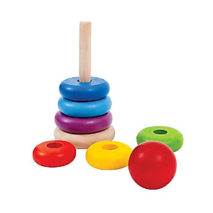PlanToys Wooden 8 Piece Sorting and Stacking Ring Toy (5124) | Rainbow Color Collection |Sustainably Made from Rubberwood and Non-Toxic Paints and Dyes