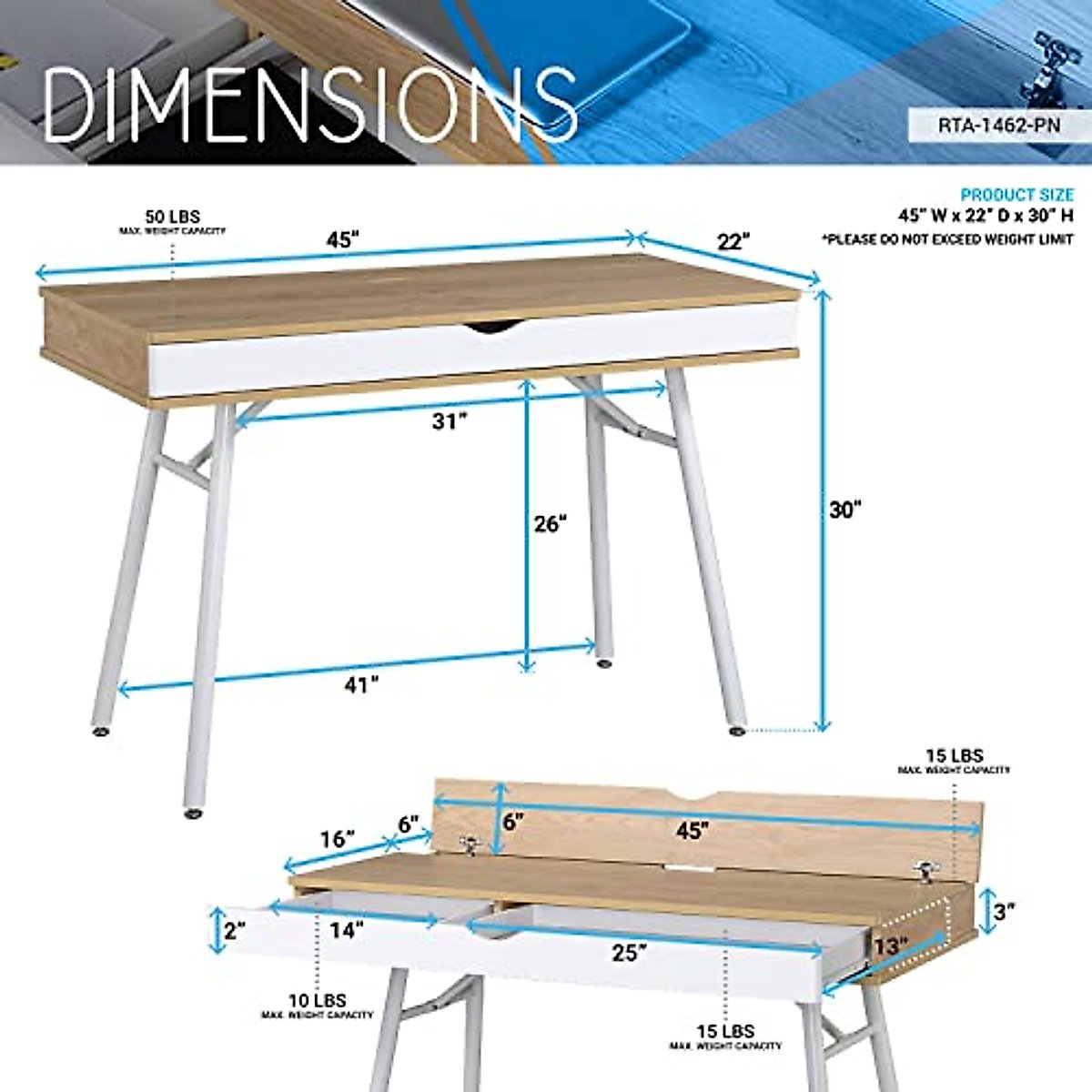 Techni Mobili Modern Multi Computer Desk with Storage, 30" x 21.7" x 45.3", Pine
