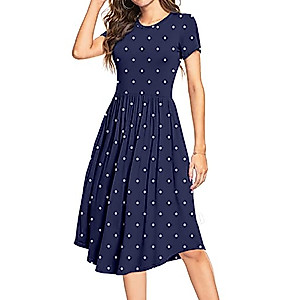 YUNDAI Ladies Knit Cotton Polka Dot Teacher Flowy Swing Knee Length Dress Medium, Dot Navy