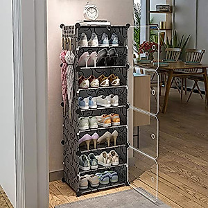 KOCASO 16-Pair Portable Shoe Rack Organizer, 8-Tiers Storage Cabinet, Stand Space-saving Shoe Organizer for Sneakers, Heels, Slippers and Boots, Black shoe cabinet with Translucent Doors