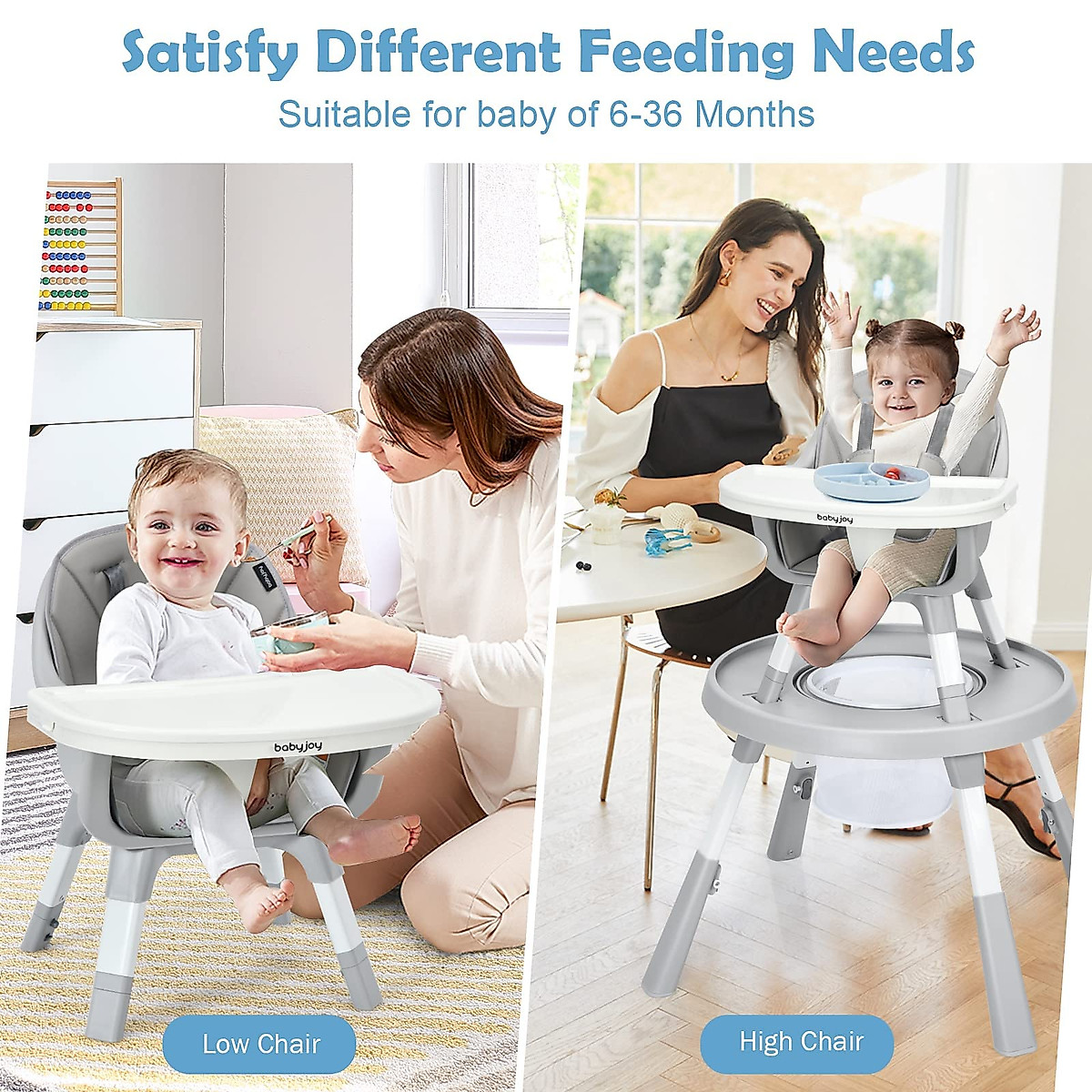 BABY JOY 7 in 1 Baby High Chair, Convertible Infant Feeding Chair w/Removable Tray, Adjustable Legs & Storage Basket, Toddler Building Block Table/Kids Table & Chair Set, Gray