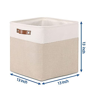 Temary Cube Storage Bins Storage Basket for Shelves Fabric Storage Cubes Closet Baskets for Cube Storage with Leather Handles, Cloth Bins for Home and Office (White & Khaki, 13x13x13 Inch)