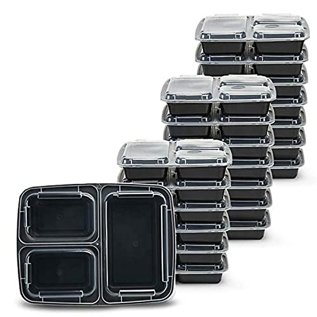 [150Pack] 32oz Meal Prep Containers, Black Plastic Container, 3 Compartment Lunch Box, Bento Box, To go Food packaging, Reuseable