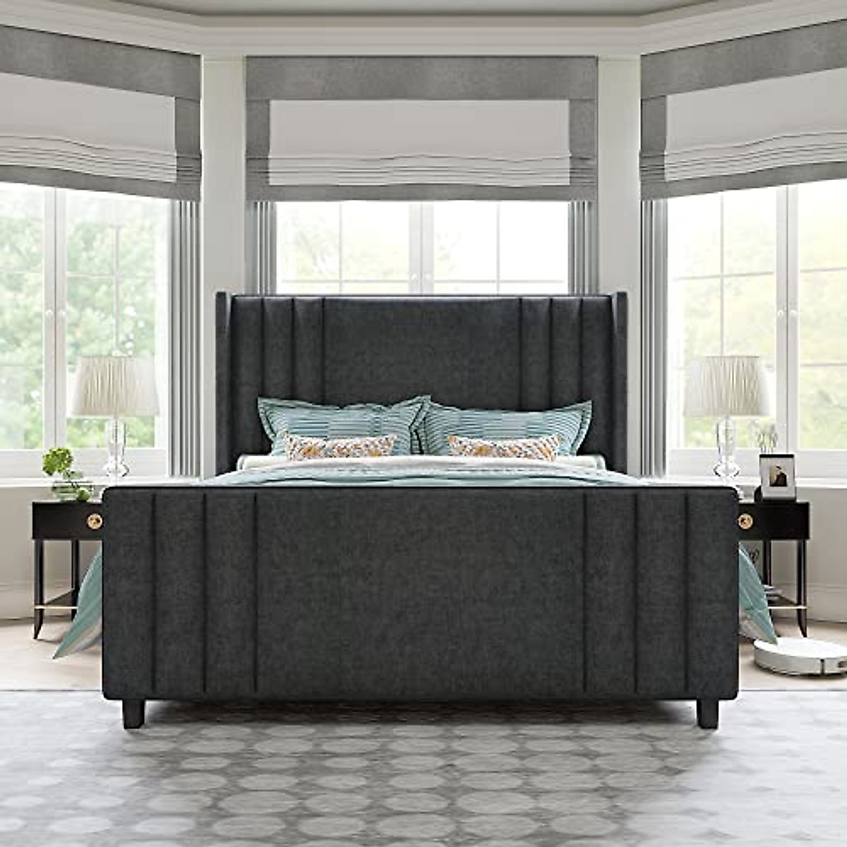 AMERLIFE Queen Size Bed Frame, Velvet Upholstered Platform with Vertical Channel Tufted Headboard & Footboard/Wingback, Mattress Foundation Wood Slats, No Box Spring Needed, Grey (BF-004)