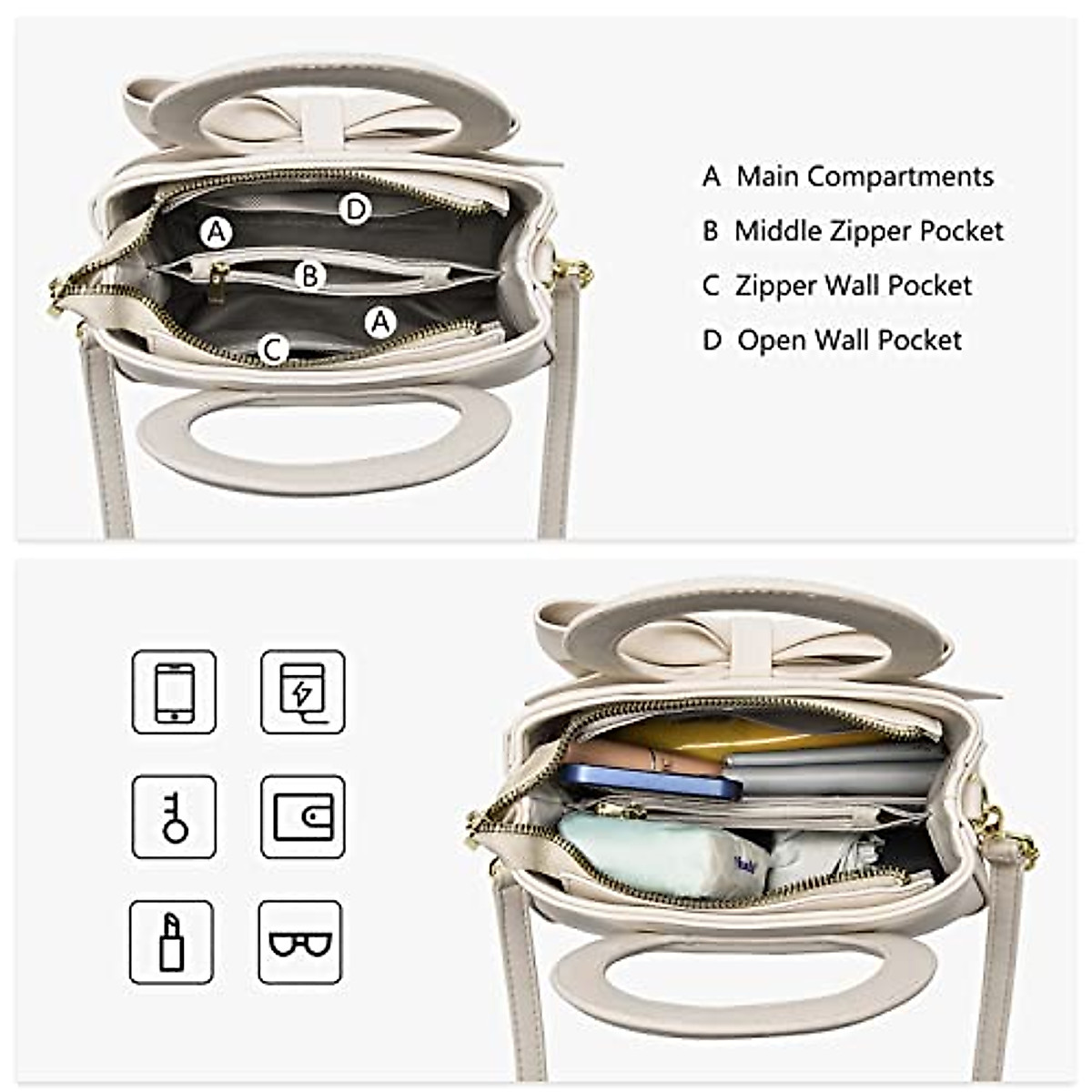 CHERUTY Designer Leather Handbags and Purses for Women with Top Carry Handle and Cute Bow Knot, Small and Elegant Satchel bags and Over-Shoulder Strap(Black)