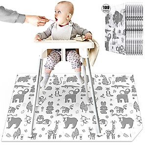 Drydiet 100 Pack 28"x47" Splat Mat for Under High Chair, Disposable Mats with Animals Print, Waterproof High Chair Mat Plastic Floor Mat Multipurpose Mat Baby Led Weaning Supplies (Forest Animal)