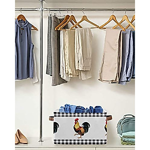1 PC Large Storage Basket Bins Waterproof Fabric, Black Rooster Rectangular Storage Box for Shelf Closet Organizer Farm Buffalo Plaid White Check