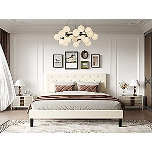BONSOIR Queen Size Bed Frame Upholstered Low Profile Traditional Platform with Tufted Headboard/No Box Spring Needed/No Bed Skirt Needed/Soft Faux Velvet Upholstery/ Ivory
