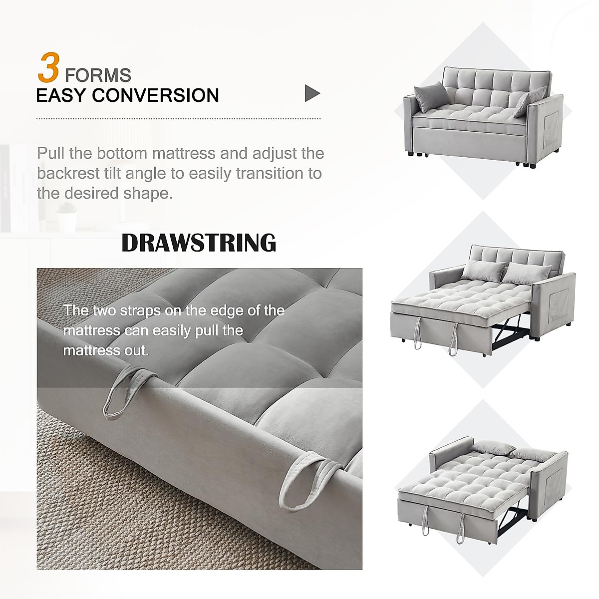 Hixkol Sleeper Sofa Bed, 3 in 1 Sofa Bed Pull Out Couch Bed with Adjustable Backrest, Modern Sofa Bed for Living Room, Convertible Sofa Bed for Bedroom. (Grey)