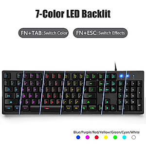 Basaltech Mechanical Feeling Keyboard with LED Backlit, 104-Key Quiet Membrane Keyboard for Gaming or Office, Ergonomic Silent Water-Resistant Light Up Wired USB for Computer,Mac,Laptop